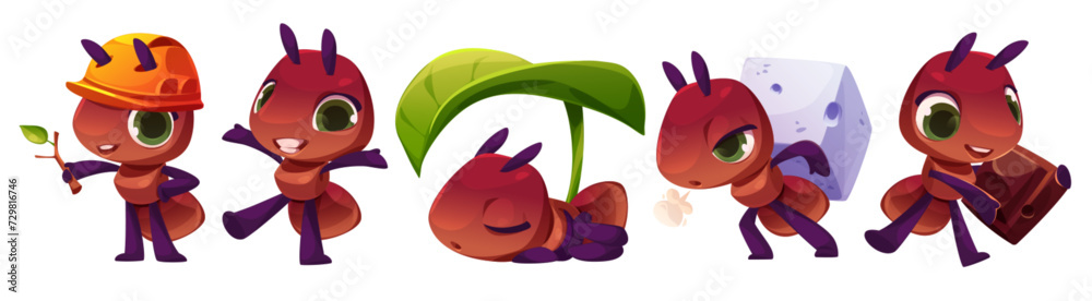 Ant cartoon character with different poses and face emotions. Cute ...