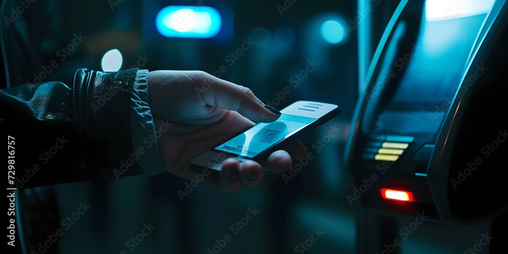 Person using ATM at night, illuminated keypad, secure banking. urban ...