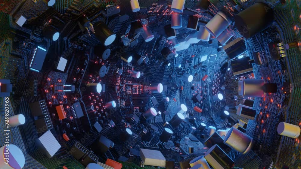 endless forward movement through a dark round tunnel with stylized ...