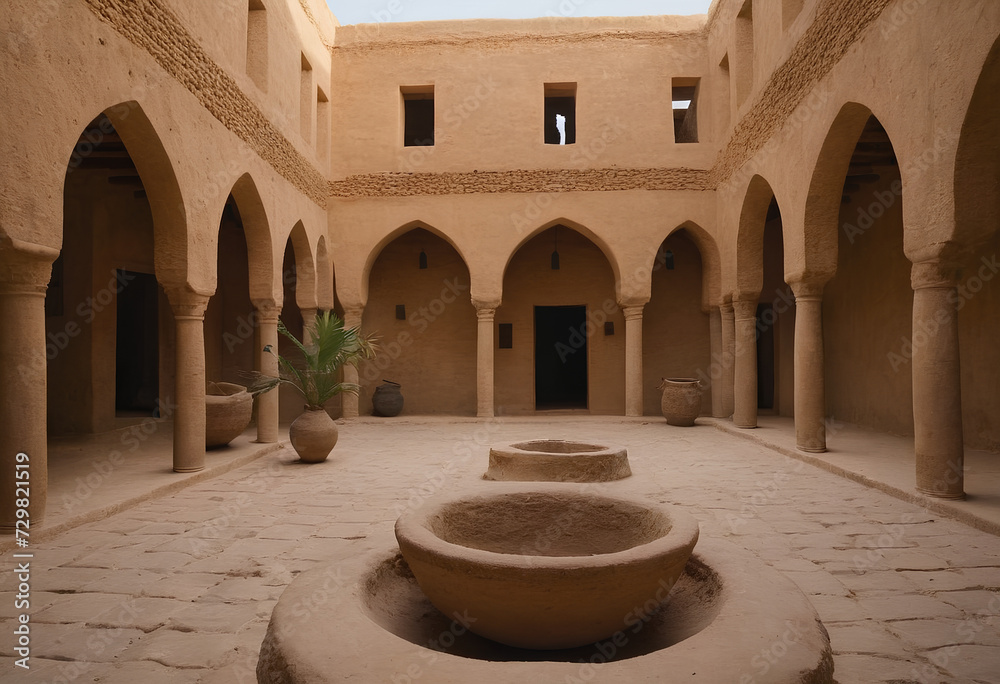 Sepia view of the inner courtyard of a traditional old Arabian adobe ...