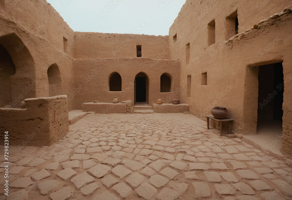 Sepia view of the inner courtyard of a traditional old Arabian adobe ...
