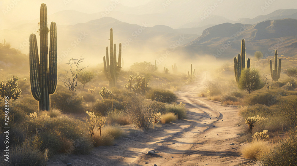 Mystical Morning in the Desert: A Breathtaking View of Cacti and Rugged ...
