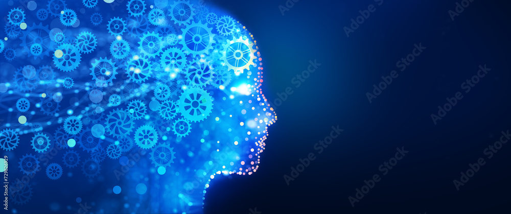 Human head with a luminous cog wheel. Creative brain gear, idea ...