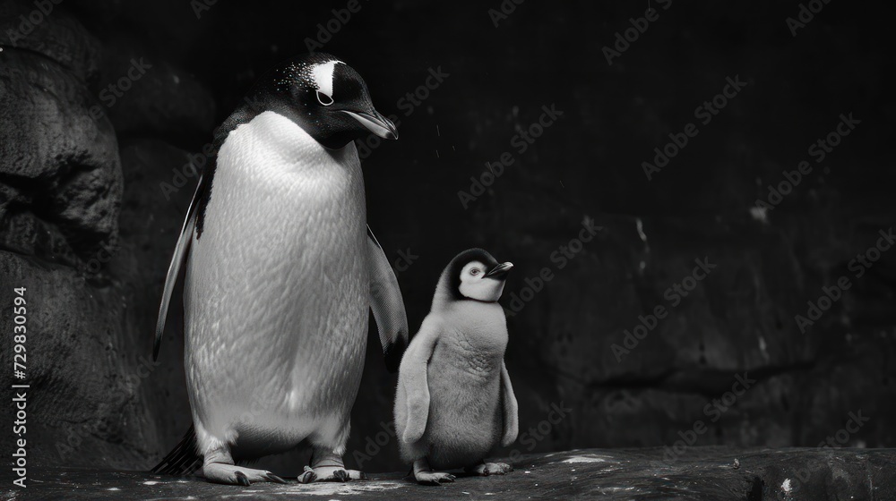 a couple of penguins standing next to each other on top of a pile of ...