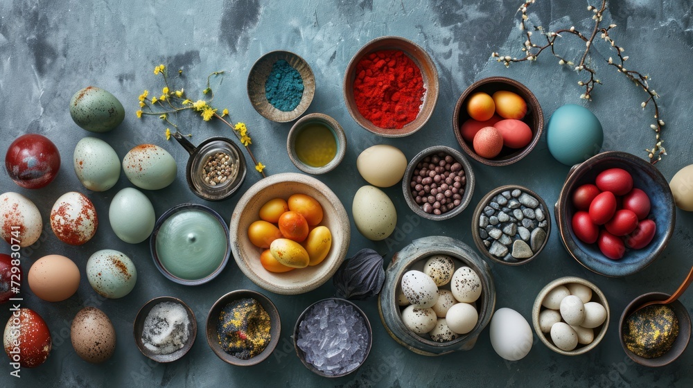 a table topped with bowls filled with different types of eggs and ...