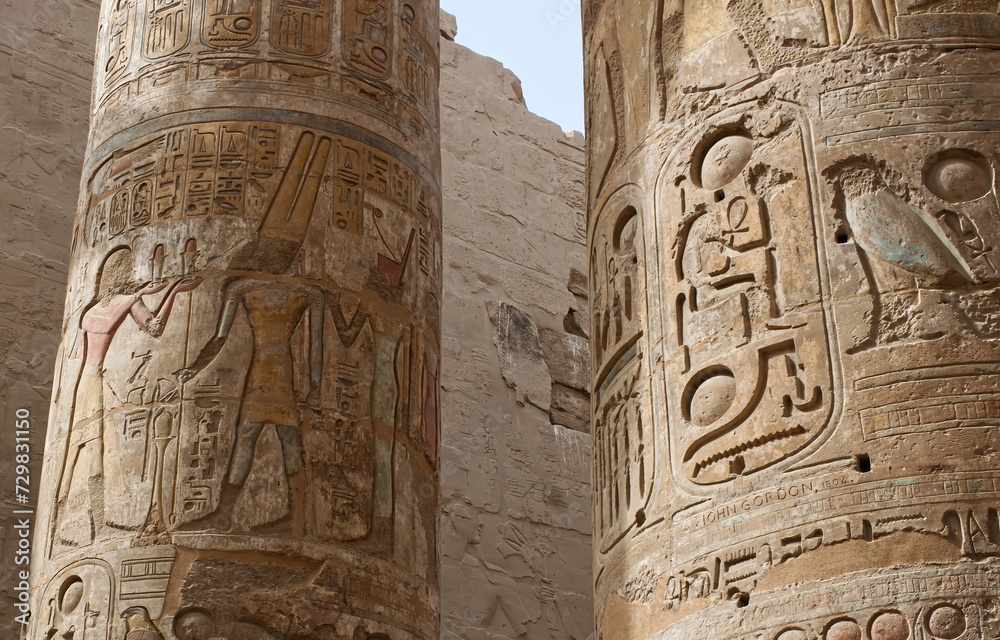 Ancient Columns and hieroglyphs at Karnak Temple. Egypt Stock Photo ...
