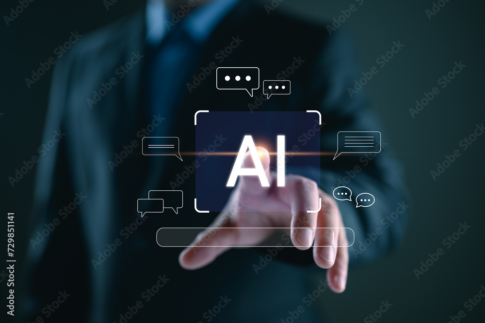 Ai tech, businessman show virtual graphic Global Internet connect robot Chat with AI, Artificial ...