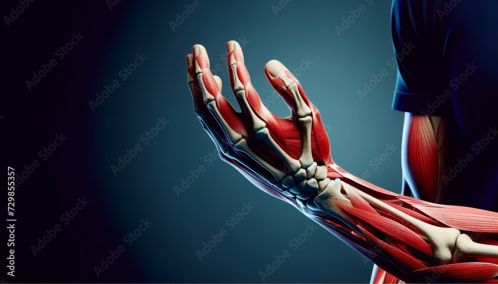 The human hand is semi-transparent, showing the bones and muscles ...