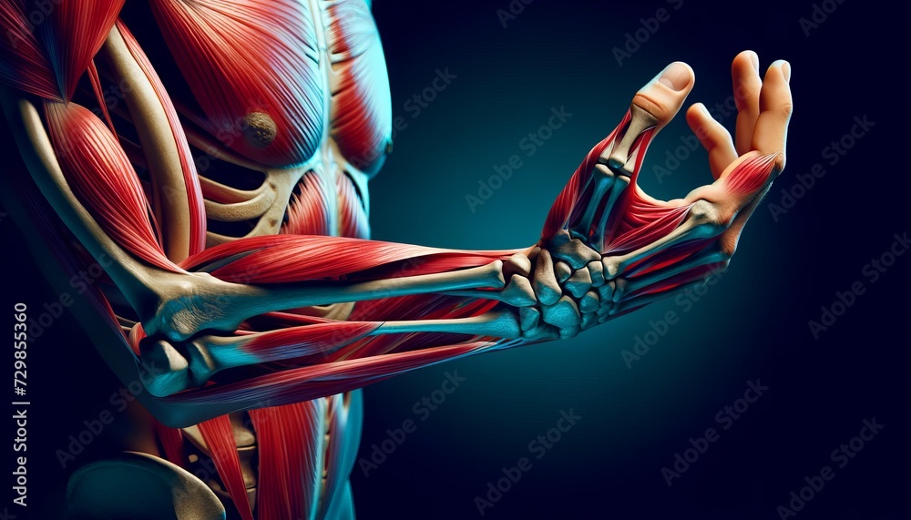 The human hand is semi-transparent, showing the bones and muscles ...