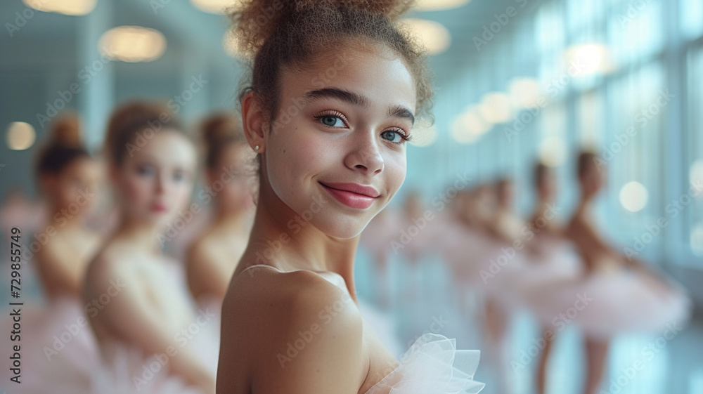 Ballet class. Beautiful teenage ballerina practising with her ...