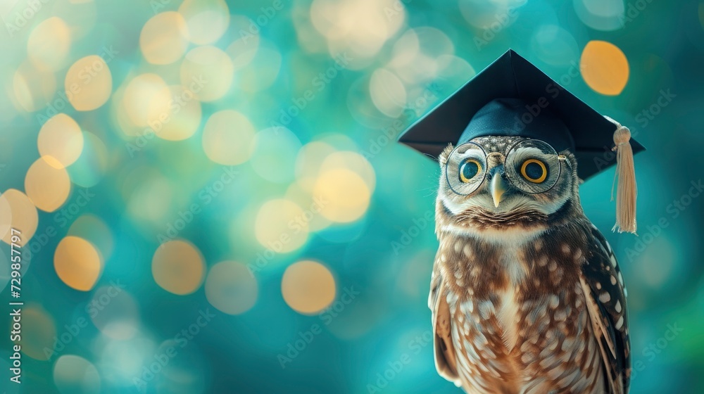 funny owl in the graduation cap and glasses on the Color background ...