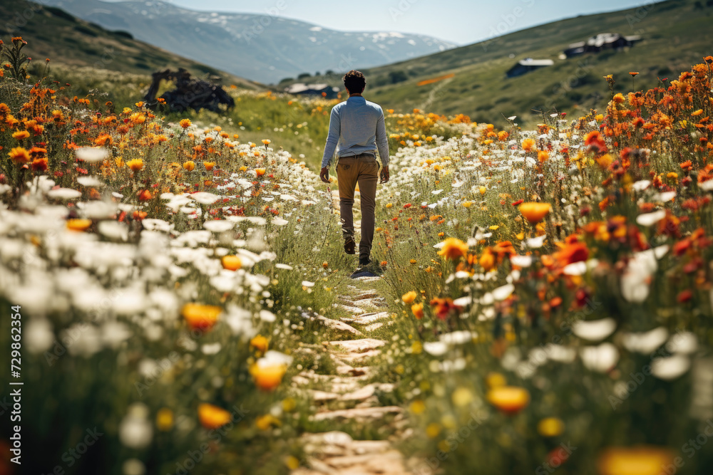An individual walking through a field of wildflowers, appreciating the ...