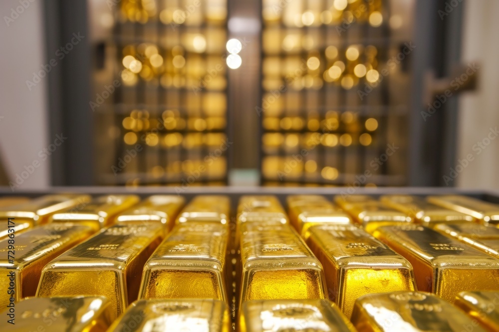Ai generated ofGold bars Gold ingot, bullion gold, bank vault, stacked image. close up many pure ...