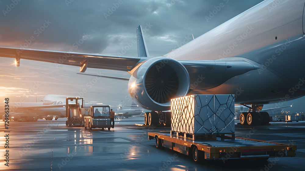 Air cargo logistic containers are loading to an airplane. Air transport ...