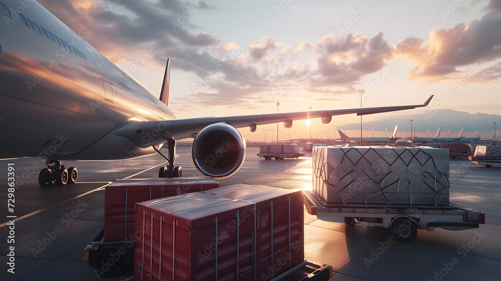 Air cargo logistic containers are loading to an airplane. Air transport ...