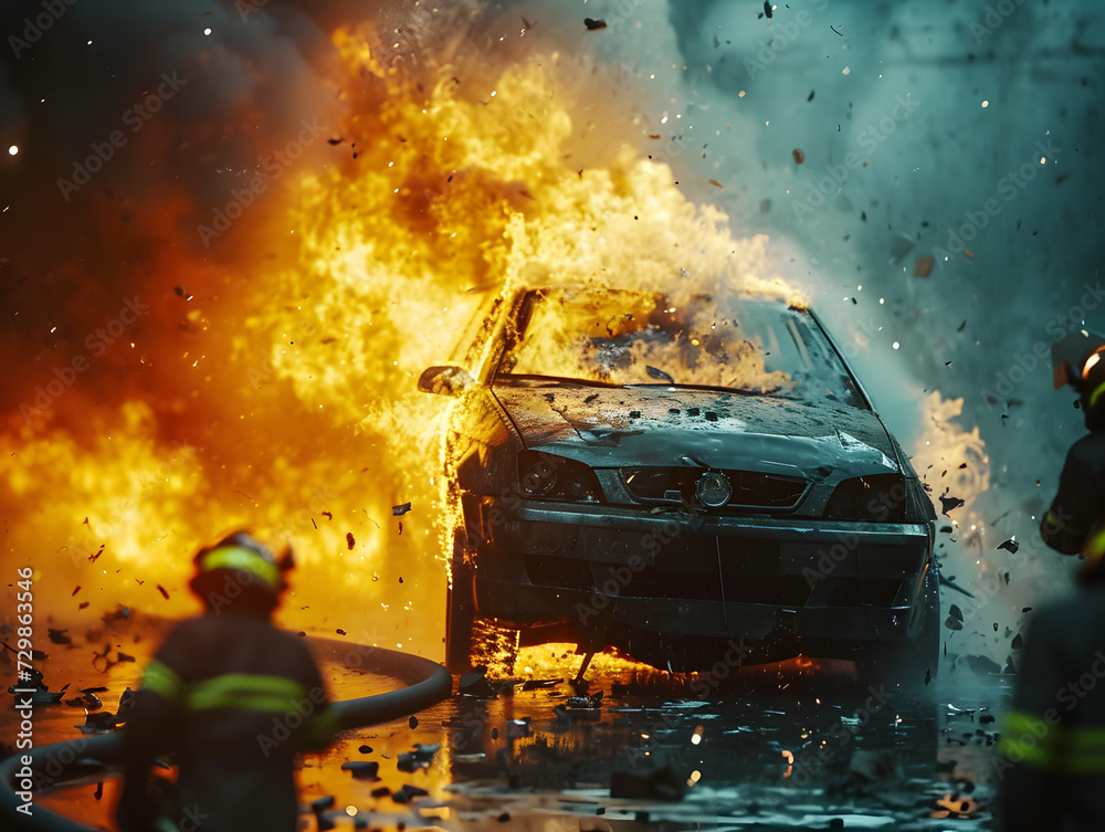 Firefighters work on a car fire. Firefighter extinguishes car fire from ...