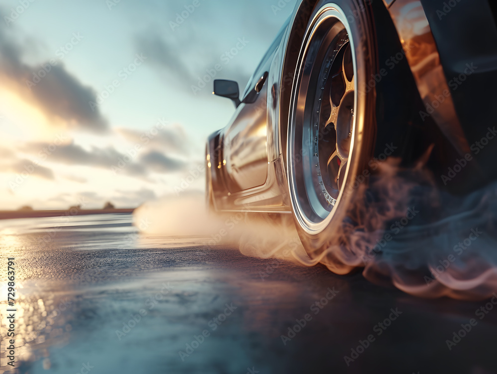 Drifting car. Racing car wheel drifting and smoking on the race track ...