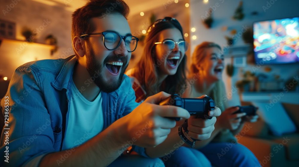 Excited friends playing video games over console at home. Enthusiastic ...