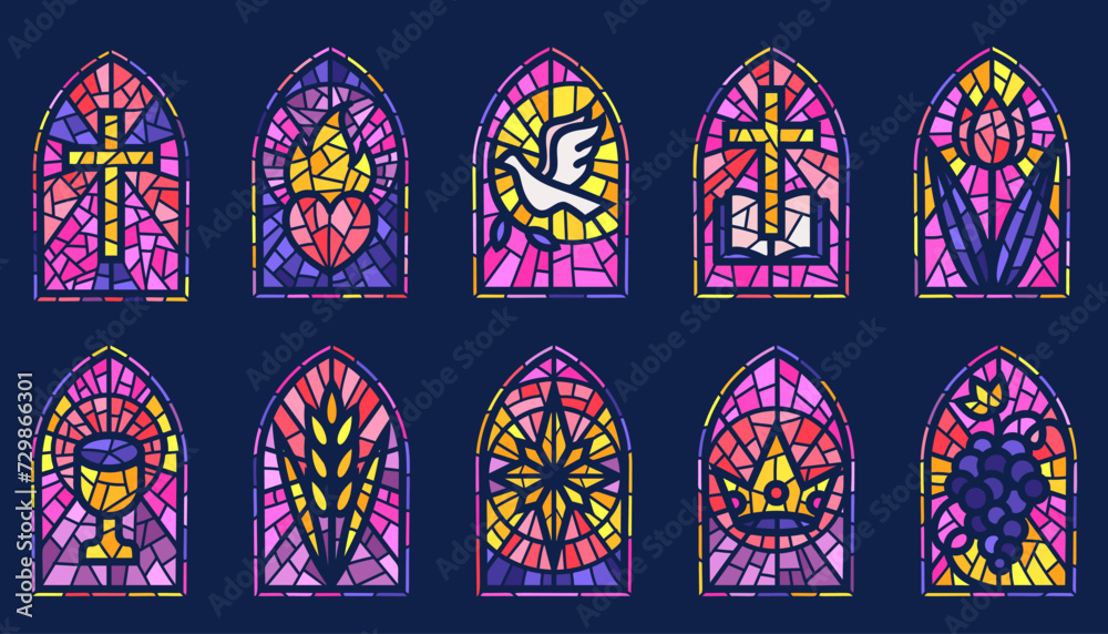 Church glass windows. Stained mosaic catholic frames with cross, book ...
