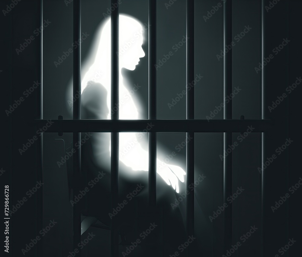 Prison. Bars. Cell. Inmate. Culprit. Incarcerate. Glowing female ...