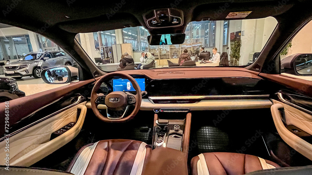 Moscow January 18 2024, Luxury Chinese car interior, New GEELY MONGARO ...