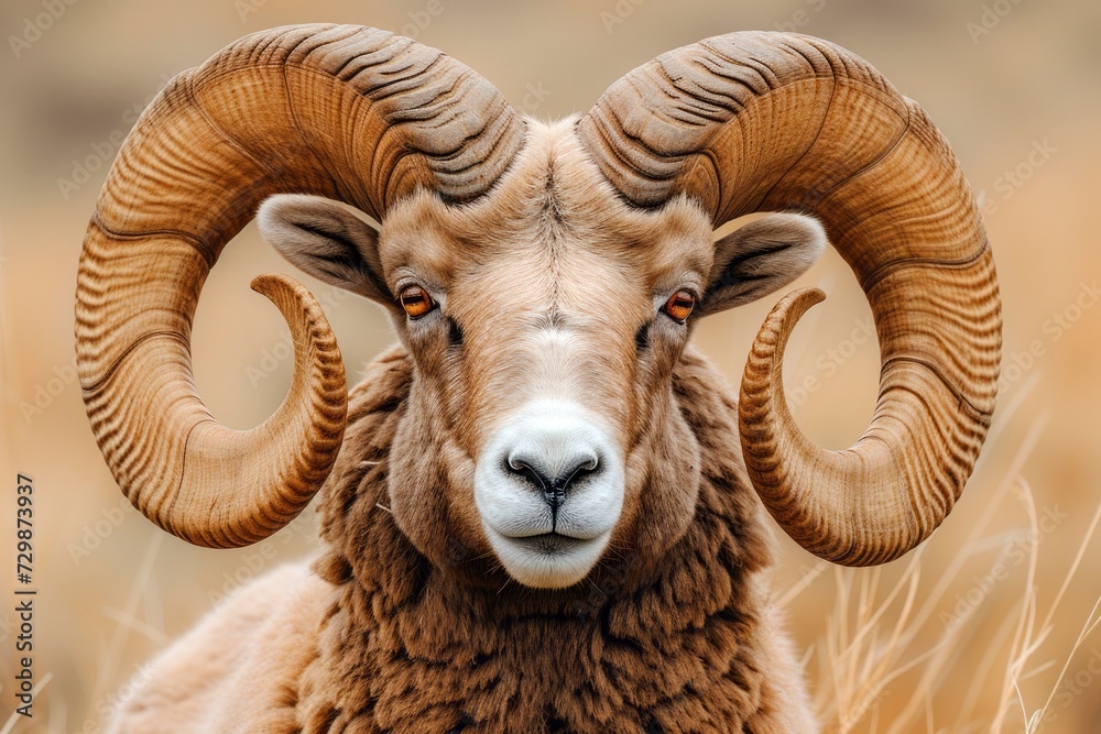 Majestic Bighorn Sheep with Curled Horns, Close-up of a bighorn sheep's ...