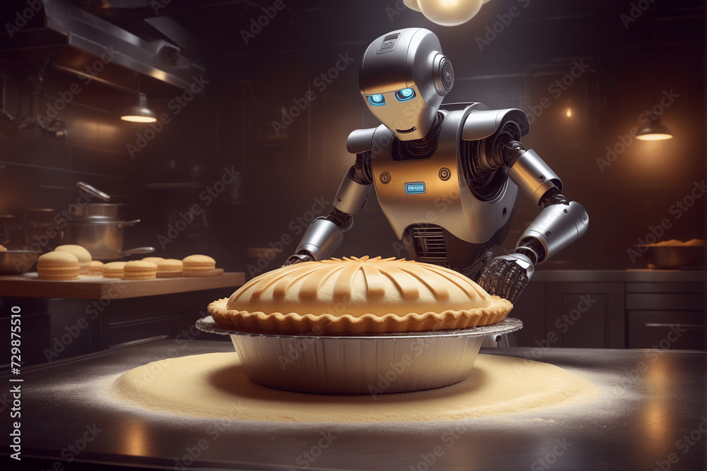A robot helps a person cook food. A robot bakes a cake in the kitchen ...