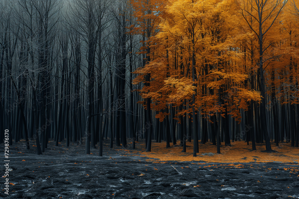 A dramatic visual of resilience as golden leaved trees stand tall among ...