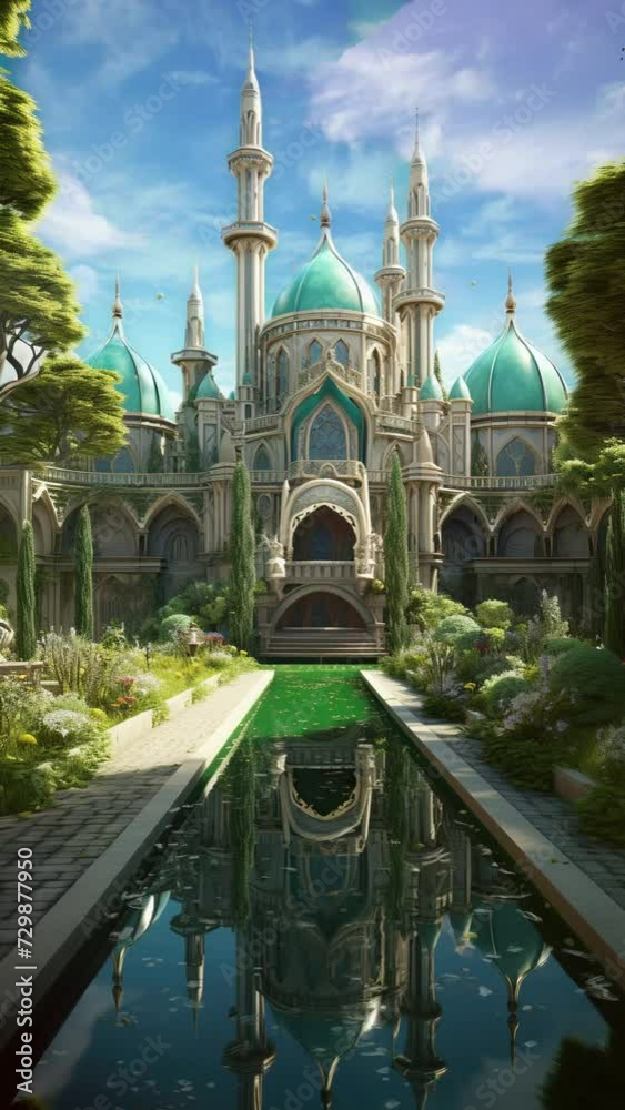 Vidéo Stock Anime-style depiction of an elegant mosque with deep ...