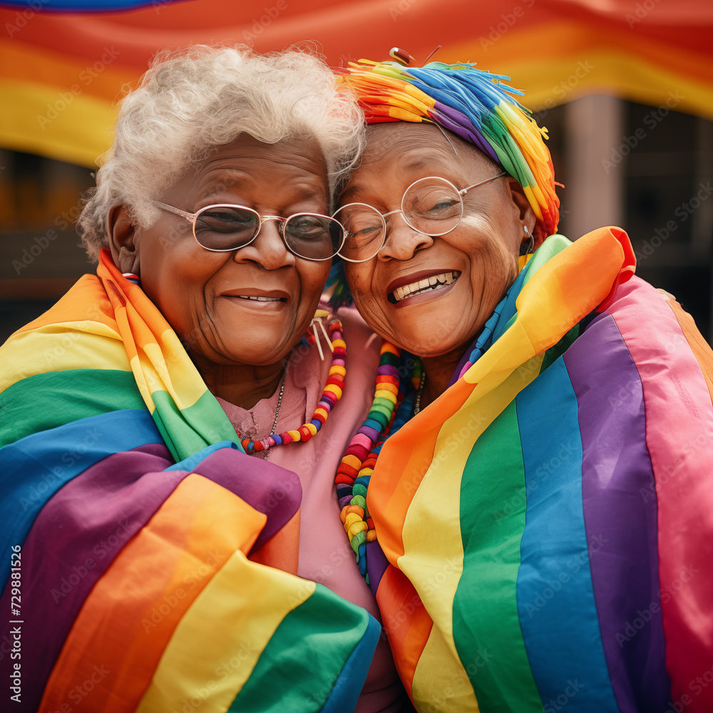 Senior Women Wrapped in Pride Flag, Celebrating Diversity and ...
