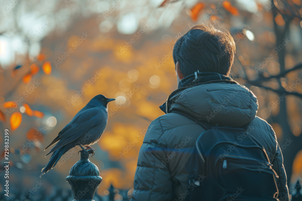 An individual watching birds in a park, fully engaged in observing ...