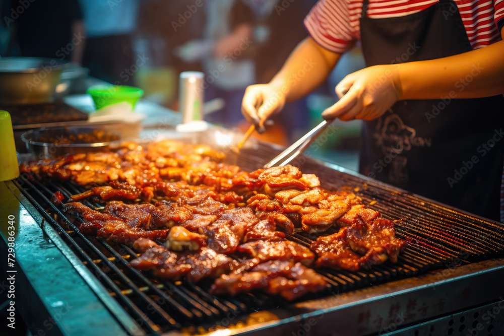 Street food in Night Market in stall selling Crispy Sparerib (Fried ...