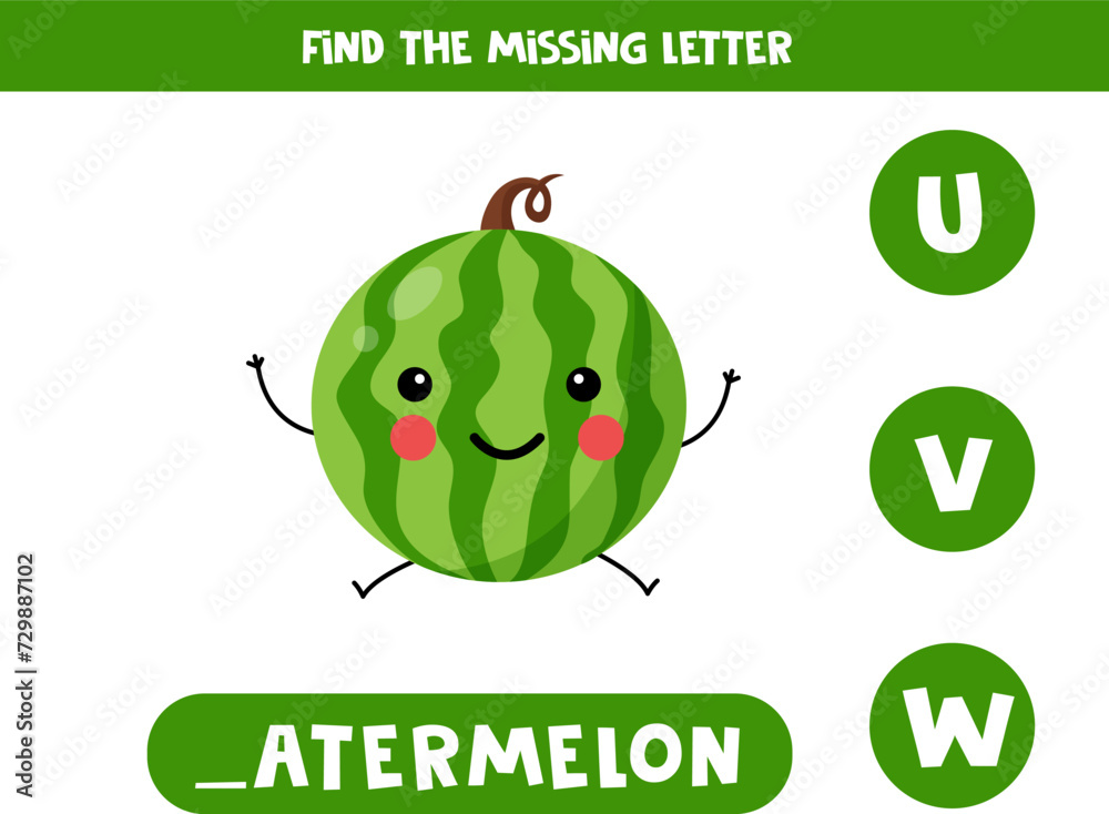 Find missing letter with cartoon kawaii watermelon. Spelling worksheet ...