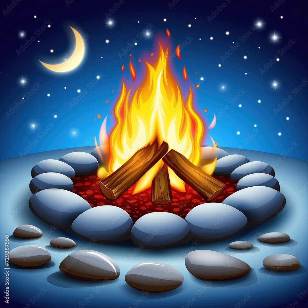 Cartoon illustration of bonfire at night. Moon. Wood fire. Campfire ...