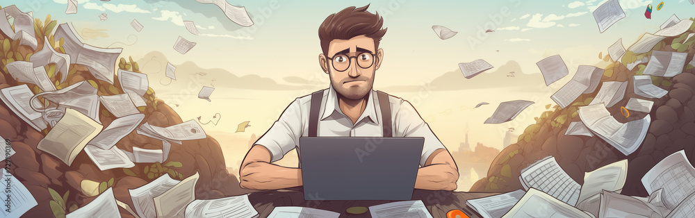 A man overwhelmed by work, checklist, learning habits, workload ...