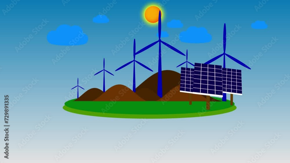 Animated wind turbine concept. wind cloud and sun animation, eco city ...