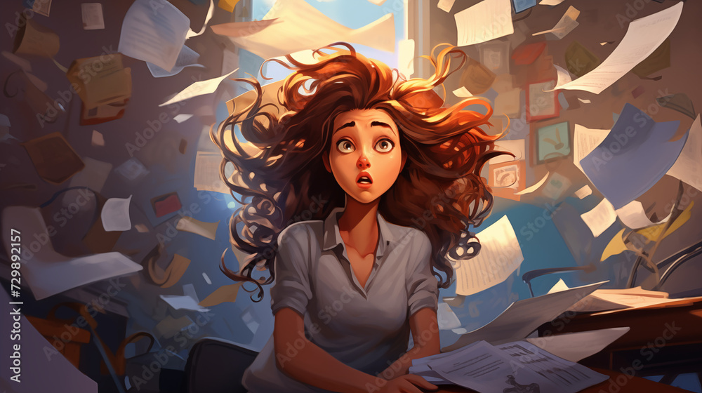 Girl, young woman, cartoon, animation, depicting the idea of a rush of ...