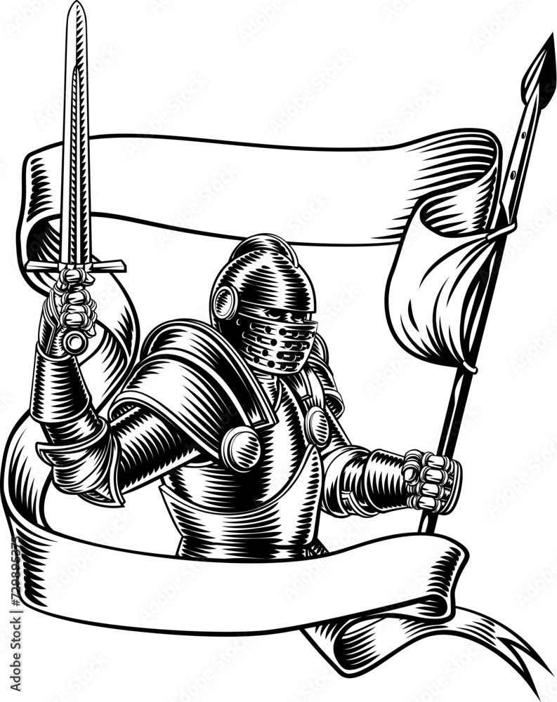 An original illustration of a medieval knight with banner battle flag ...