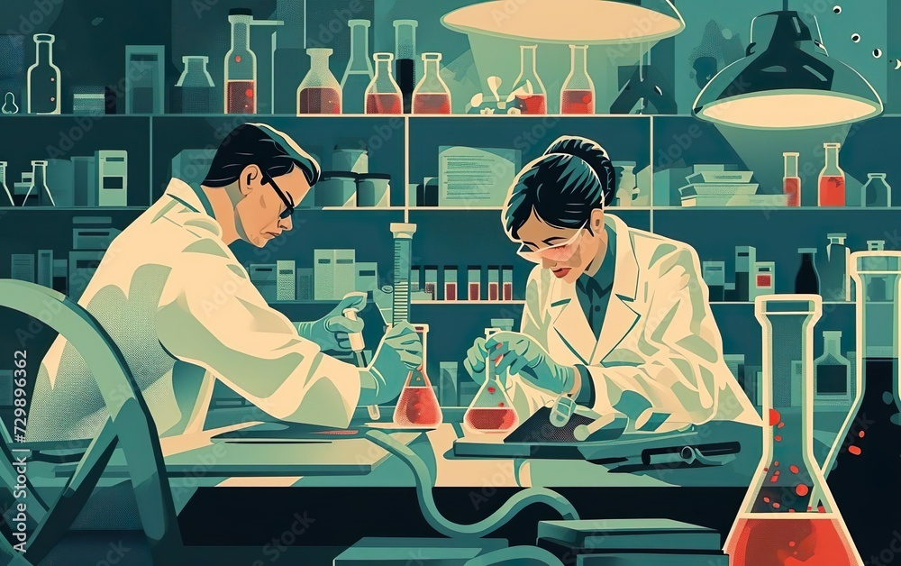 Science illustration. Two scientists in white uniform goggles working ...