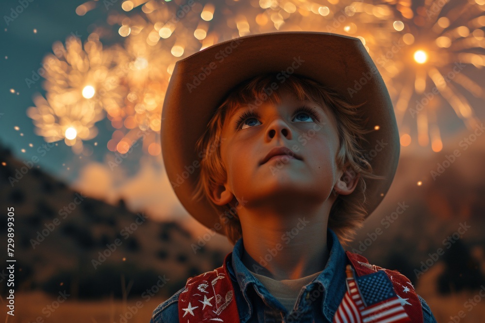 Boy in Cowboy Hat Watching Fireworks on 4th of July Generative AI Stock ...