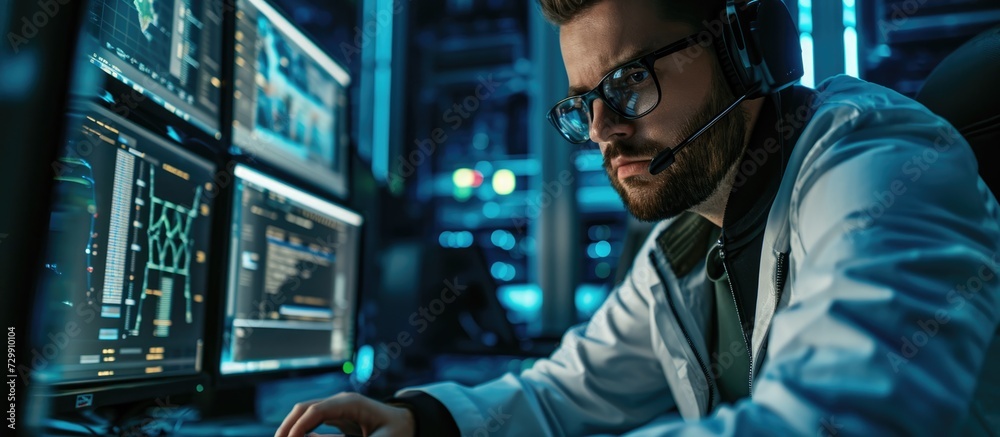 Spy infiltrating government server, stealing data, planting trojan virus, creating computer ...