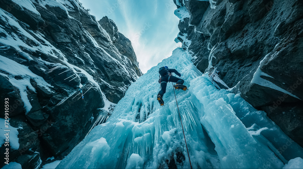 Alpiniste en train d'escalader un mur de glace en montagne Stock-Foto ...