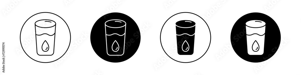 Water Glass Icon Set. Drink Cup and Cold Droplet Vector symbol in a black filled and outlined ...