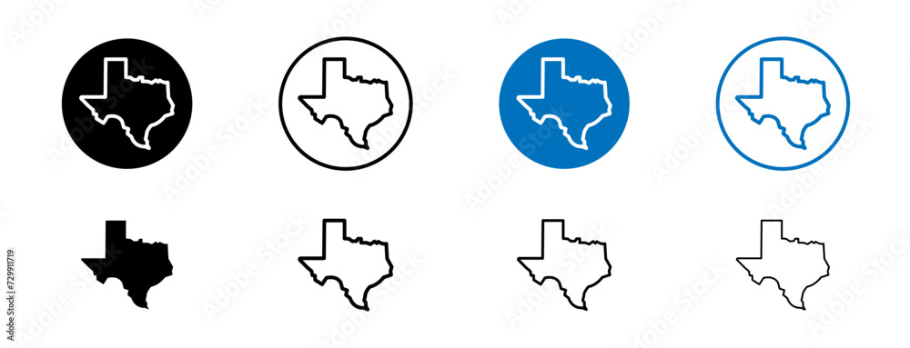 Texas Map Line Icon Set. State Shape and Flag symbol in black and blue ...