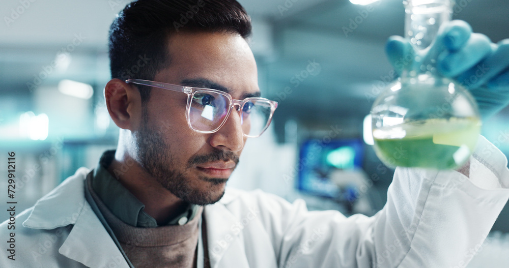 Serious man, scientist and beaker with chemical for research ...