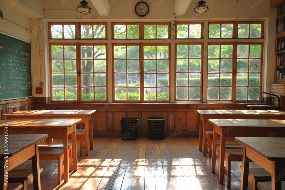 Sunlit Classroom with Wooden Desks and Windows Generative AI Stock Illustration | Adobe Stock