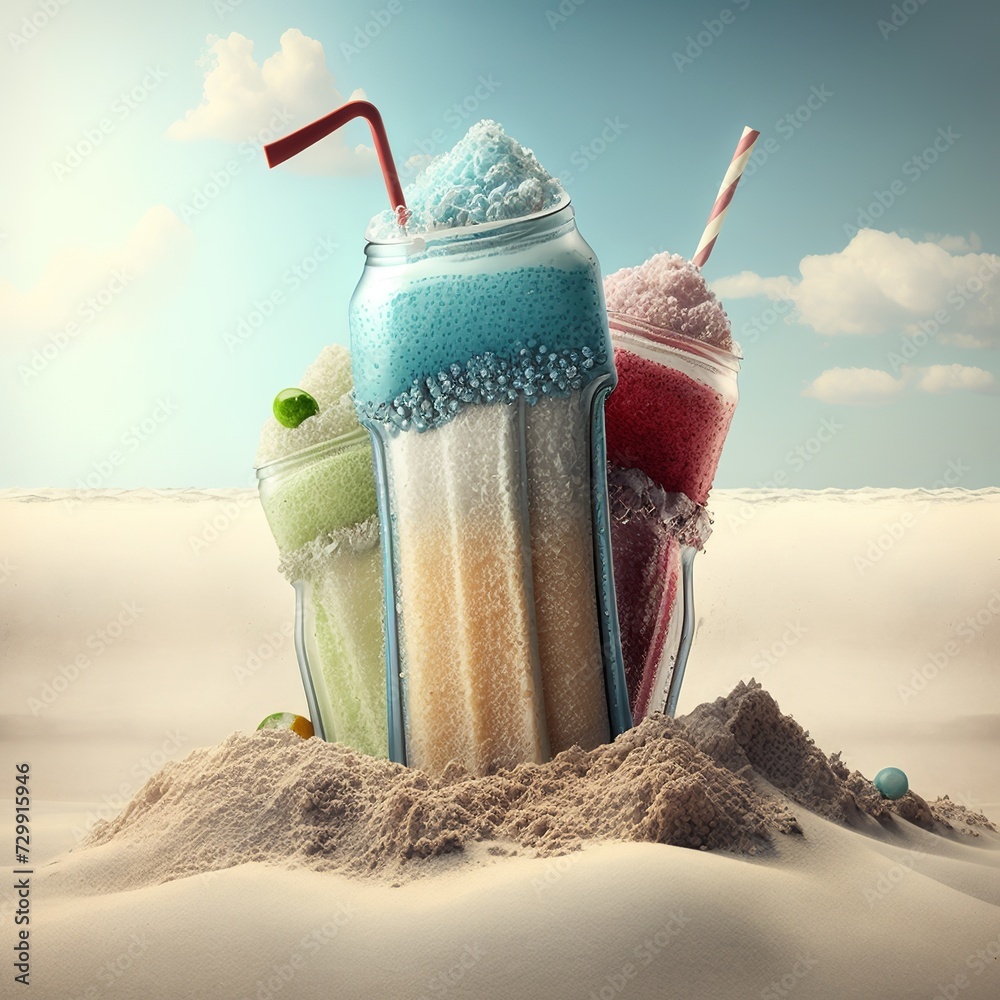 cold drinks stacked side by side in the sand on the beach frozen ice ...