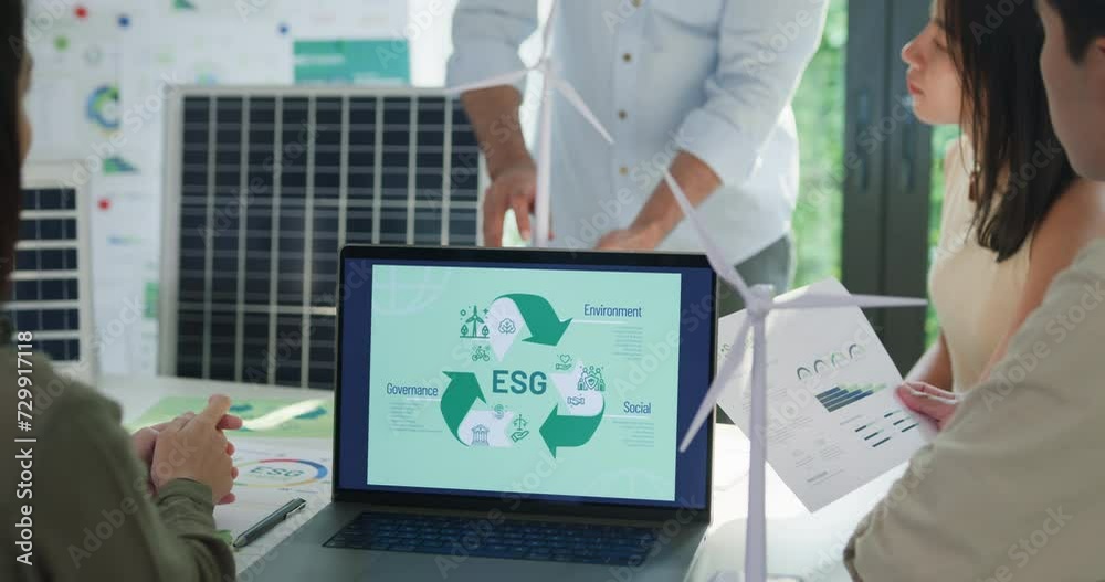 Closeup group diverse Asia businesspeople talk ESG strategies risk management workshop, SDGs ...