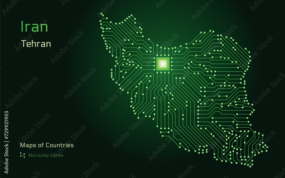 Iran Map with a capital of Tehran Shown in a Microchip Pattern with ...