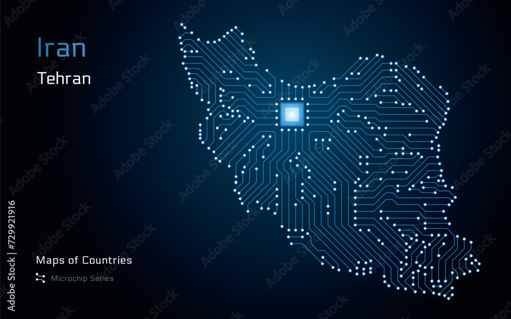Iran Map with a capital of Tehran Shown in a Microchip Pattern with ...